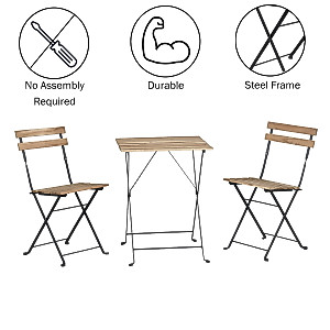 Lavish Home (Brown Folding Patio Bistro Set – 3-Piece Acacia Wood and Steel Café Table and Chairs for Porch, Deck, Garden, or Balcony Furniture