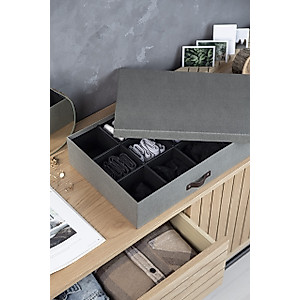 Bigso Box of Sweden Small Storage Box with 12 Compartments and Leather Handle - Fabric Storage Organiser for Shelves or Drawers - Drawer Organiser for Underwear, Socks, Jewellery, etc. - Grey