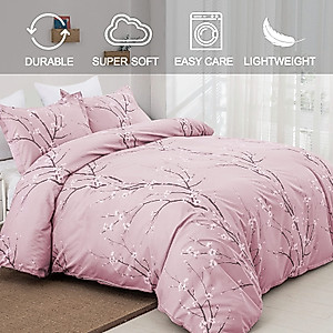 WONGS BEDDING Pink Floral Duvet Cover Set Queen, Reversible Flower Plum Blossom Printed Comforter Cover Set with 2 Pillowcases 3 Pieces Bedding Set Soft Microfiber Queen Size 90"x90"(Not Comforter)