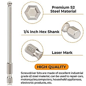 Tonsiki 9PCS Ball End Hex Head Allen Wrench Drill Bit Set, Metric S2 Steel Hex Bits Set, 1/4" Hex Shank Magnetic Screwdriver Bit Set for Assembling Furniture, 4'' Long - 1.5/2/2.5/3/4/5/6/8/10mm