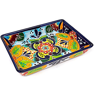Enchanted Talavera Pottery Hand Painted Ceramic Rectangle Serving Platter Dish Appetizer Plate Tray Food Mexican Floral Pattern Party Fiesta Thanksgiving Jewelry Holder (Medium 9.5 x 7.5 x 1.75)