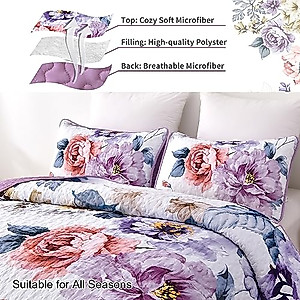 Dobuyly Purple Floral Quilt Set King Size, 3 Pieces Botanical Flower Printed on White Quilt Bedding Set Soft Microfiber Lightweight Bedspread Coverlet Set for All Season 104" x 90"