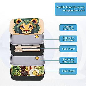 Cartoon Lion Adult Lunch Box, Bento Box, With Cutlery Set Of 3, 2 Compartments, Rectangular, Lunch Box For Adults