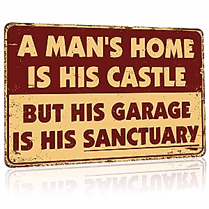 Rousen Garage sign, Man Cave Signs, Garage Decor for Men, vintage tin sign, Funny Metal Sign, Suitable for Garages, Bars, Home. Tin Sign Dimensions are 12x8 Inch,4 Holes for Easy Hanging - A Man's Home Is His Castle But His Garage Is His Sanctuary