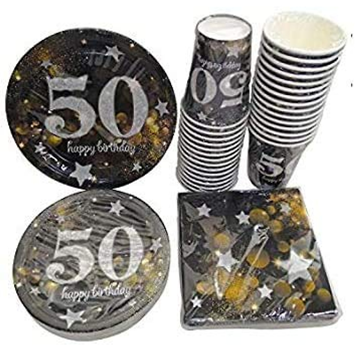Serves 30 Complete Party Pack Happy 50th Birthday 9" Dinner Paper Plates 7" Dessert Paper Plates 12 oz Cups 3 Ply Napkins 50th Birthday Party Theme