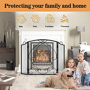 Gtongoko 3 Panel Fireplace Screen with Handles 48" W x 29" H New Version Modern Wrought Iron Decorative Large Fire Spark Guard Grate Heavy Duty for Living Room Home Outdoor Decor, Black