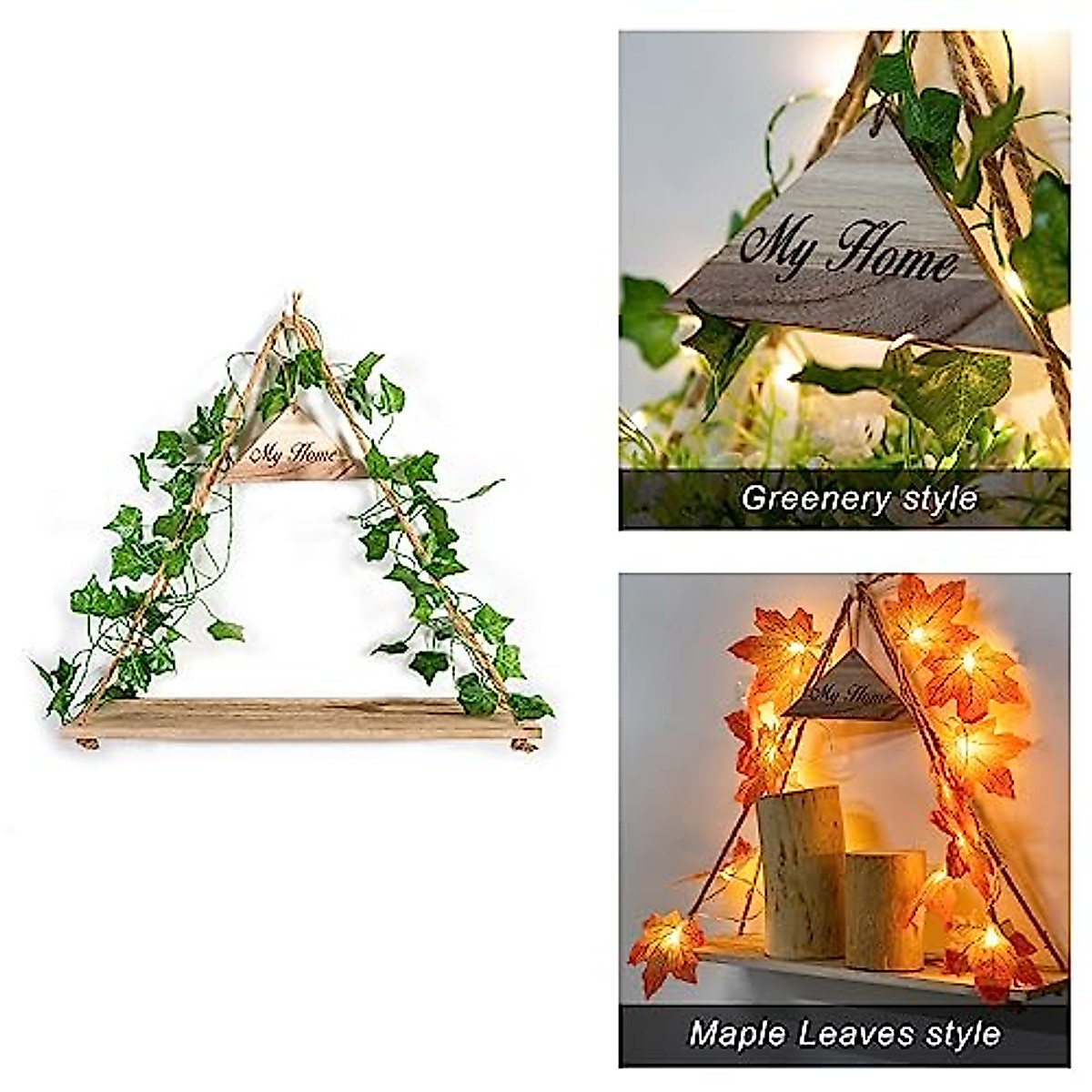 wekneve Artificial Ivy LED-Strip Wall Hanging Shelves - Set of 2 Floating Shelves for Bedroom, Living Room, Kitchen - Wood Wall Decor with Hanging Plant Design - Room Decor with Ambient Lighting
