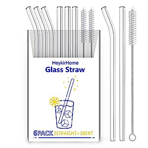 HeykirHome 6-Pack Reusable Glass Straw-Transparent,Size 8''x10 MM,Including 3 Straight and 3 Bent with 2 Cleaning Brush- Perfect For Smoothies, Tea, Juice-Clear