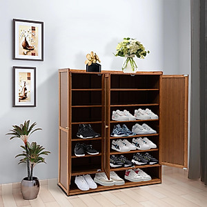 HYYKJ-US Modern Bamboo Shoe Storage Cabinet with Shutter Doors 8 Tier Freestanding Shoe Rack Shoe Floor Storage Organizer Rack for Entryway Living Room Bedroom 35.4" L×12.6" W×42.1" H