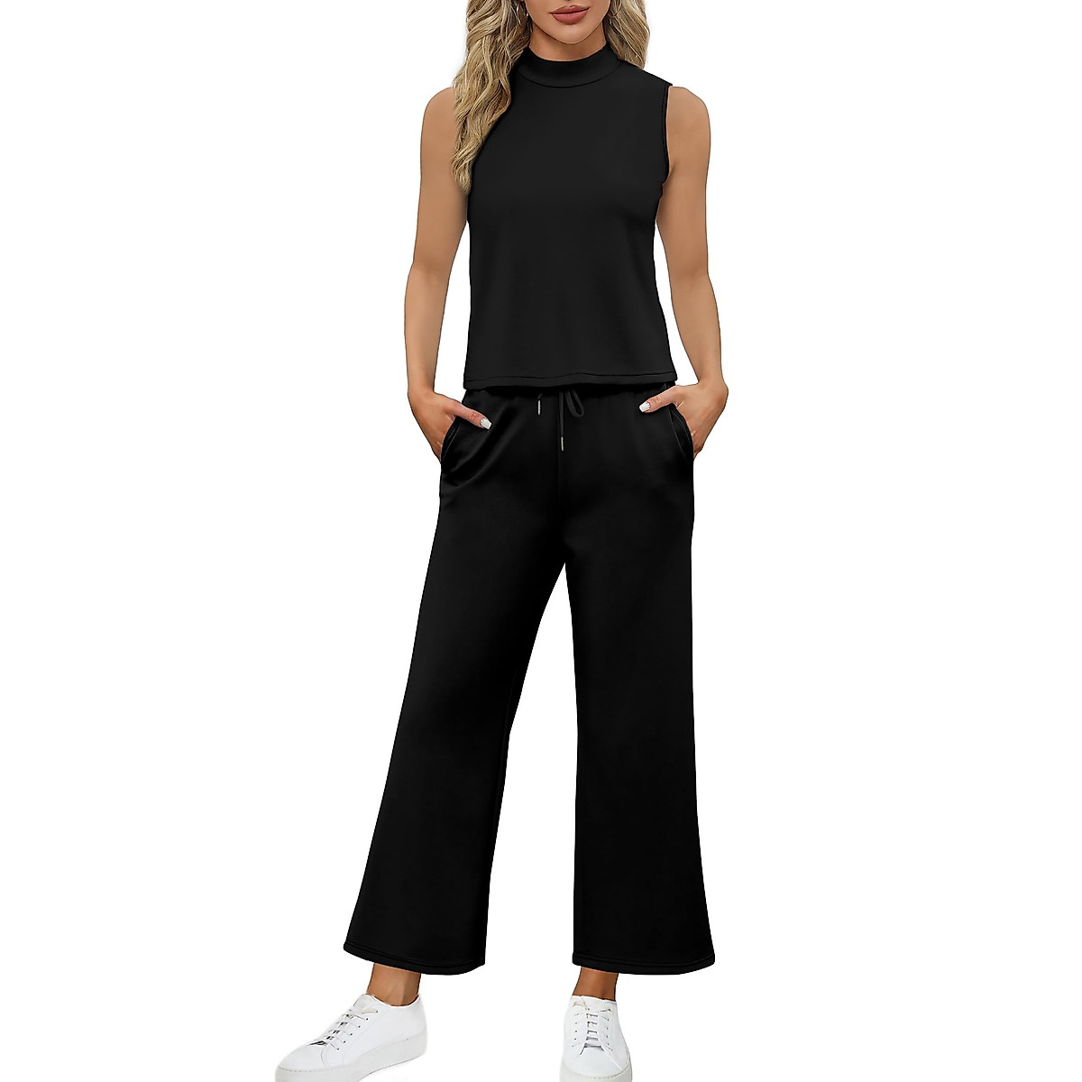 SAMPEEL Two Piece Set for Women Casual Lounge Sets Summer Outfits Matching Sets Women Clothing Business Casual Vacation Travel Outfits Wide Leg Crop Pants Mock Neck Tops Set Black 2025 M