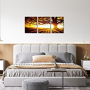 Nachic Wall 3 Panels Wall Art Canvas Prints Big Trees in Sunset Pictures Relax Natural Landscape Painting Ready to hang for Home Office Living Room Bedroom Wall Decor with Frame Ready to Hang