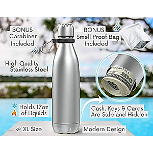 Travah Travel Water Bottle Stainless Steel Water Bottle with Storage for Cash, Keys, Valuables Insulated Water Bottle for Men and Women Hot and Cold Water Bottle Leak-Proof Water Bottle (Silver)