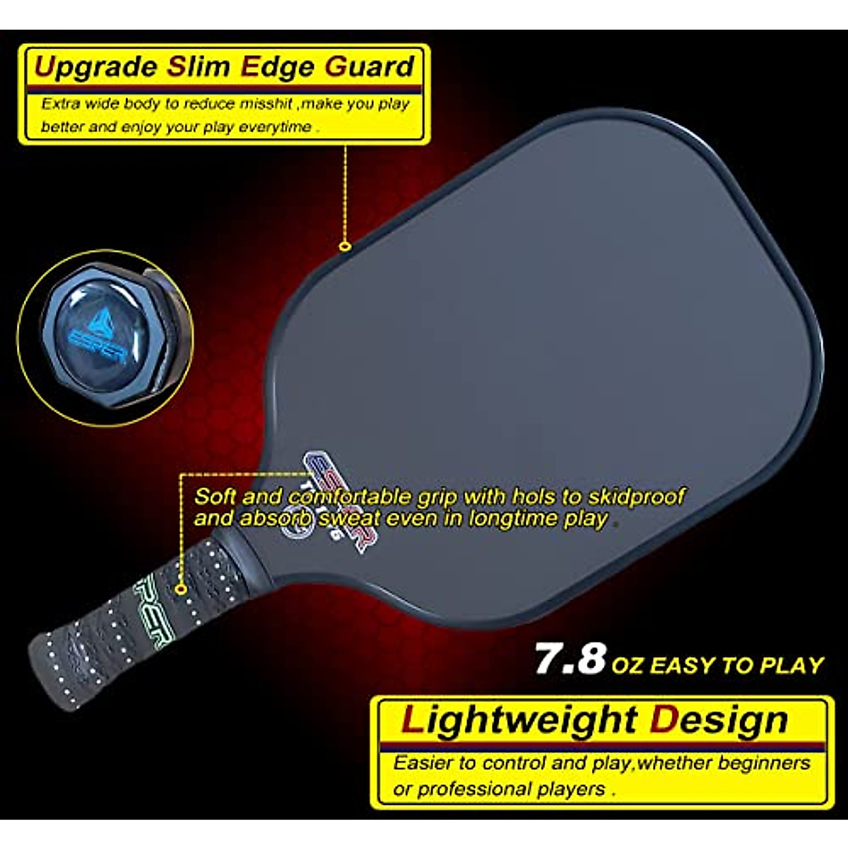 Pickleball Paddle Graphite Textured Surface for Spin,USAPA Approved,Pro Pickleball Racquet Lightweight,Carbon Fiber Pickleball Racket,PP Core,for Any Skill Level Players Indoor & Outdoor Tournament