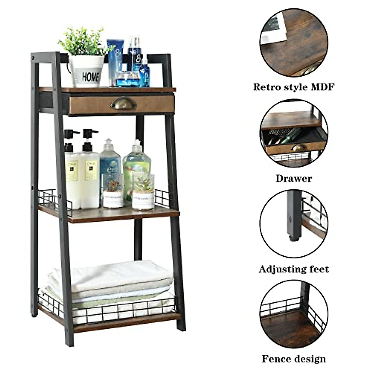 keomaisyto 3-Tier Bathroom Ladder Shelf, Bathroom Floor Storage Shelf with Drawer, Freestanding Tower Shelf, Open Shelving Unit for Bathroom Living Room Balcony
