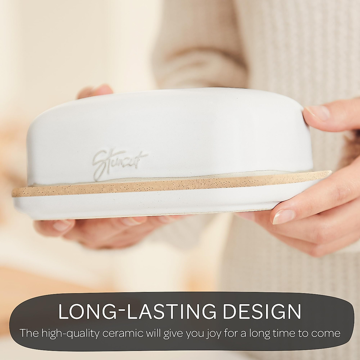 STEINZEIT Butter Dish with Lid (4.9 in x 6.9 in) - Ceramic Butter Dish - Large Butter Container for 2 pcs of Western Butter - Butter Dish with Lid for Countertop - Butter Holder Dishwasher Safe