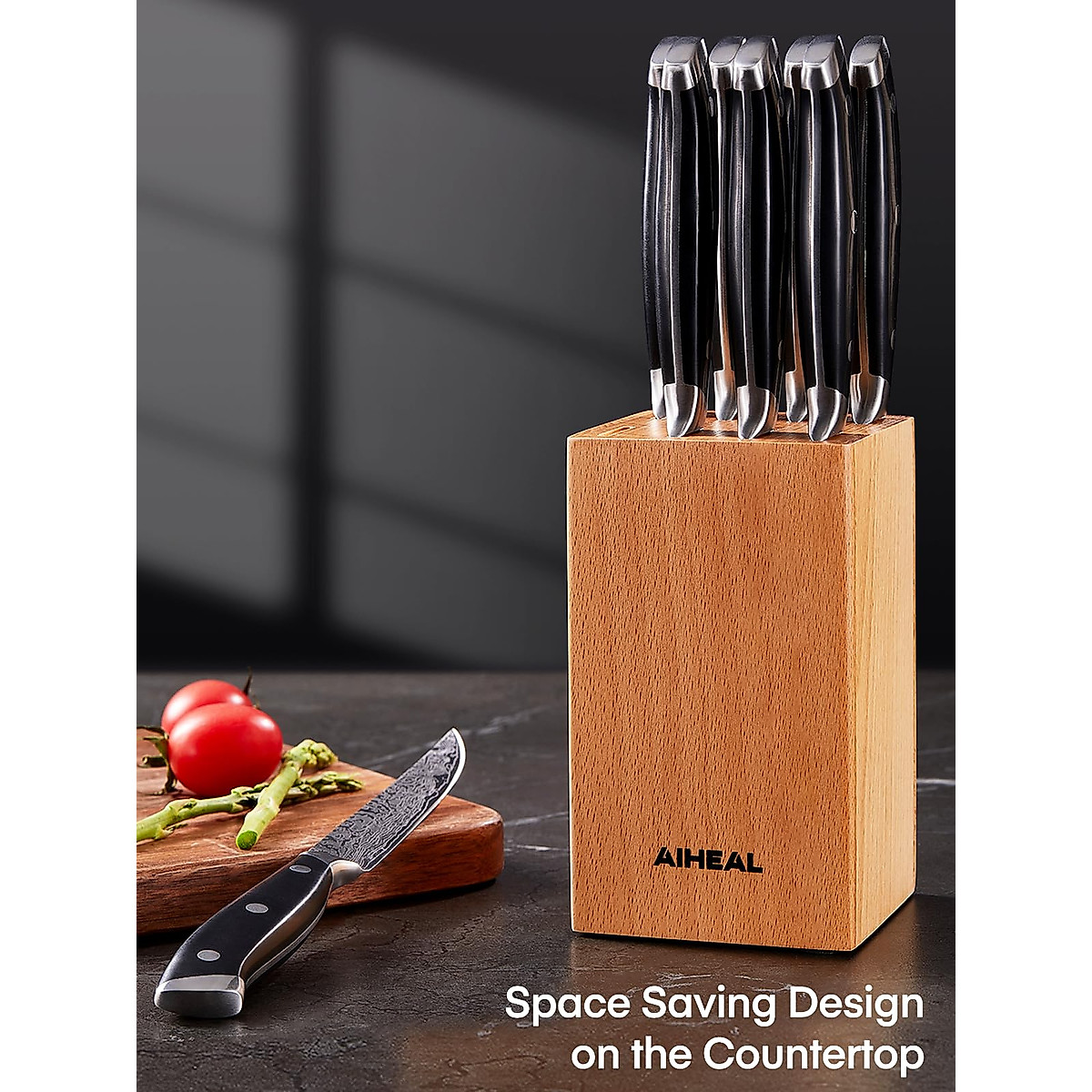 Aiheal Steak Knives Set of 8 with Beech Knife Block, 4.5 Inch Steak Knives with Unique Damascus Pattern, Non Serrated Stainless Steel Steak Knife Set, Full Tang Handle Design for Kitchen Dinner