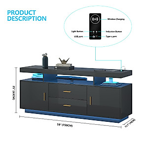 LVSOMT High Gloss Entertainment Center with 3-Colors Lighting, LED Modern TV Stand for 65+ inch TV, Home Storage Cabinet, Console Media Cabinet for Living Room (Pearl Black)