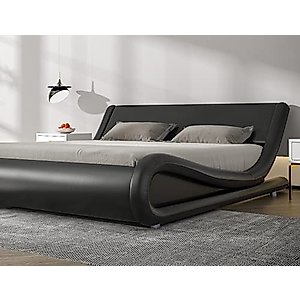 SHA CERLIN Queen Size Bed Frame Luxury Wave-Like Modern Upholstered Low Profile Platform Bed, Faux Leather Sleigh Bed with Adjustable Headboard, No Box Spring Needed, Black