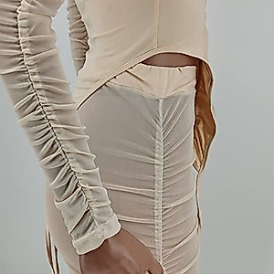 Uni Clau Women Sexy Sheer Mesh Deep V Neck Two Piece Outfits Long Sleeve See Through Skinny Long Pants Club Long Romper Jumpsuit Beige M