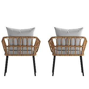Flash Furniture Evin Set of 2 Boho Indoor/Outdoor Patio Chairs - Natural Finish Faux Rattan Wicker - Gray All-Weather Cushions - Integrated Armrests