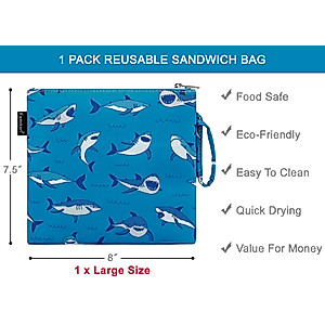 Reusable Sandwich Bag/Snack Bag for Kids & Adults, Dual Layer Lunch Bag with Handle, Washable, Food Safe, BPA Free (1-Pack, Shark)