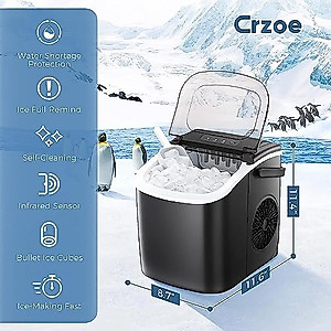 Countertop Ice Maker Machine, Portable Ice Maker with Handle, 27lbs/24Hrs, 6Mins/9 Pcs ice Cubes, Self-Cleaning Ice Maker with Ice Basket/Scoop, Ice Makers Countertop for Home/Kitchen/Office(Black)