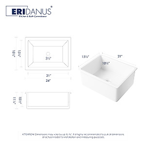 Drop in Kitchen Sink, Eridanus 24" x 18" Undermount Kitchen Sink 24 Inch Fireclay Sink Dual Mount White Kitchen Sink Topmount Deep Single Bowl with Bottom Grid and Strainer Drain