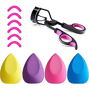 IYOCHO 1 pcs painless metal eyelash curler with 6 replaceable silicone pads, with 4 pcs makeup sponges beauty sponge blenders with 4 colors (1 eyelash curler+ 4 sponges+ 6 silicone pads)