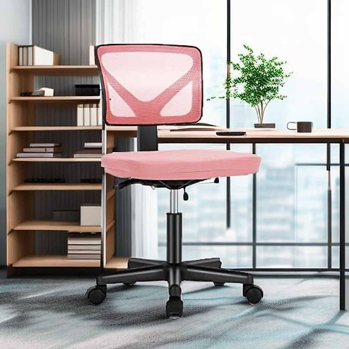 DUMOS Armless Desk Wheels Cute Home Office Chairs, Ergonomic Adjustable Swivel Rolling Task, Comfy Mesh Mid Back Computer Work Vanity Chair for Small Spaces, Pink