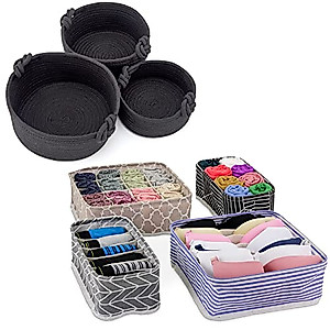 EZOWare Bundle Kit Set of 4 Canvas Fabric Closet Baby Nursery Dresser Organizer + 3 Small Nursery Round Cotton Rope Knit Basket Cube For Kids Baby Closets Toys