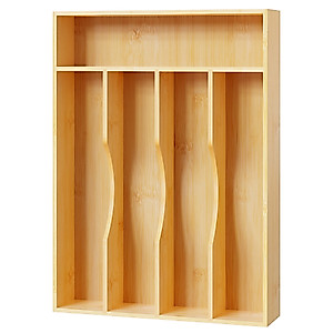 Bellsal Utensil Organizer 10 Inch Silverware Tray for Drawer Utensil Holder Cutlery Organizer Kitchen Drawer Organizer 5 Compartment Small Narrow Bamboo