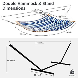 SUNCREAT Double Hammock with Stand Included, Portable Hammock with Stand and Large Pillow, Blue Stripes