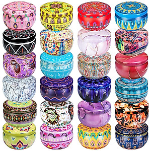 Domivirgo Candle Tins with Lid, 2.5oz 24 Designs Tinplate Cans with Wicks, Wick Holders, Wick Stickers for Candle Making, DIY Arts and Crafts, Small Item Storage