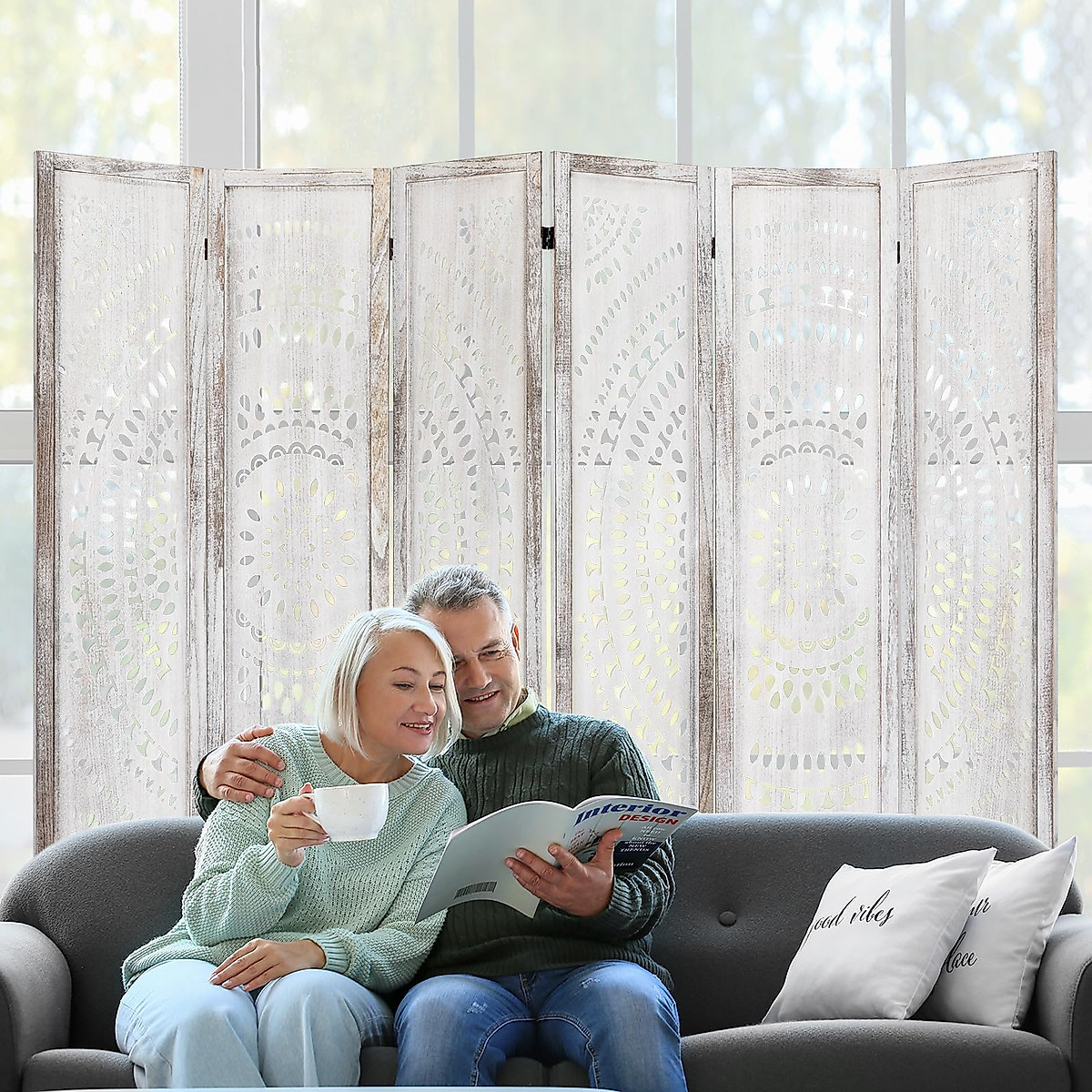 Salfanre 6 Panel Room Divider, Room Divider Screen, Room Divider Panel, Folding Screen Room Divider, 5.6 Ft, White