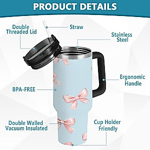 Flradish 30oz Tumbler with Handle, Pink Bows Stainless Steel Tumbler with Lid and Straws Double Wall Vacuum Insulated Leakproof Coffee Travel Mug