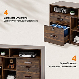 VINGLI Wide 4 Drawer File Cabinet with Lock, Wood Lateral File Cabinet with Open Shelves, Lockable Rolling File Cabinets for Home Office, Dark Brown File Cabinet Printer Stand, Letter Sized