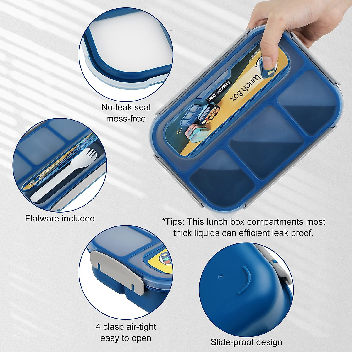 MaMix Bento Box Adult Lunch Box, Lunch Box Kids,Lunch Containers for Adults/Kids/Toddler,1300ML-4 Compartment Bento Lunch Box,with Accessories 4 Pcs Reusable Silicone Cups (Blue)