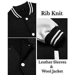 COOFANDY Men Fashion Varsity Jackets Leather Sleeve Slim Fit College Baseball Letterman Bomber Coat, Pure Black, XX-Large