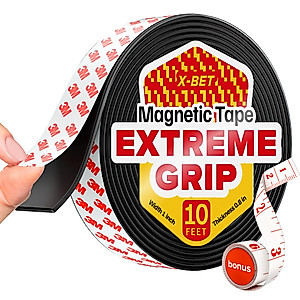 Flexible Magnetic Tape - 1 Inch x 10 Feet Magnetic Strip with Strong Self Adhesive - Ideal Magnetic Roll for Craft and DIY Projects - Sticky Magnets for Fridge and Dry Erase Board