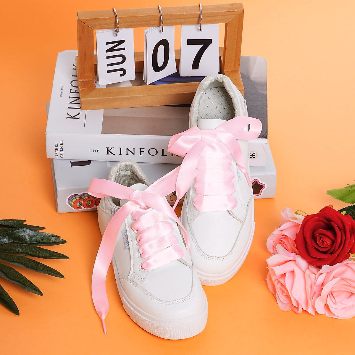 Marrywindix 2 Pairs 47" Flat Satin Ribbon Shoelaces Pink Silk Shoestrings Wide Shoe Laces for Sneakers Skate Shoes Boots Sport Shoes