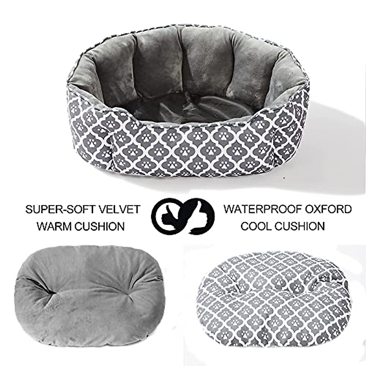 LUCKITTY 25 Inch Large Cat Bed,Soft Velvet & Waterproof Oxford Two-Sided Cushion, Easy Washable,Oval Geometric Pet Beds for Indoor Big Cats or Small Dogs, Grey Footprints Pattern