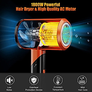 Lightweight Ionic Hair Dryer, 1800W Professional Negative Ions Blow Dryer with Powerful AC Motor, 2 Magnetic Attachments, 3 Heat Settings / 2 Speed, Fast Drying Hair Blow Dryer for Home, Travel, Salon