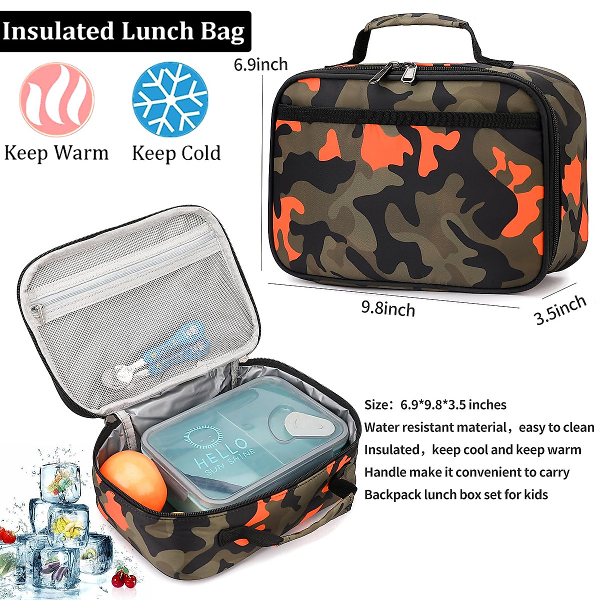 Yvechus Camo Backpack Set with Lunch Bag Lightweight Waterproof School Backpack Bookbag for Boys Girls (B-Style Camo Orange)