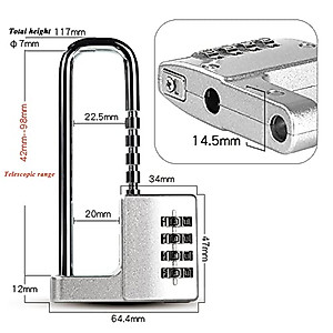 Padlock, Combination Lock, 4 Digit Combination Padlock, 2-1/2" (64mm) Wide Body. 3/8 inch Stainless Steel Retractable Long Shackle is Suitable for Outdoor, School, Gym, Sports lockers, Fences,