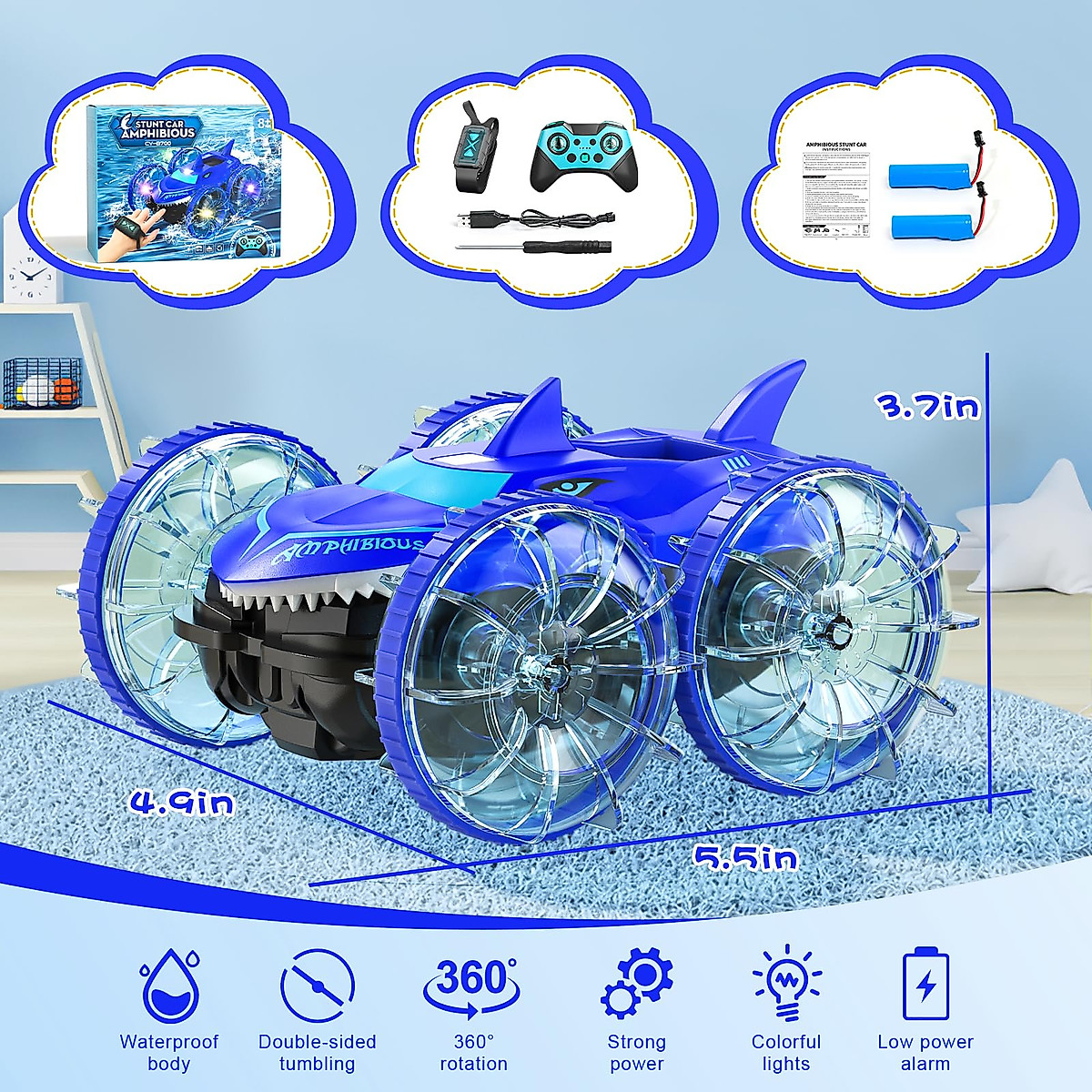 Axirata Amphibious RC Car with Lights for Kids 3-12 Year Old Boys Toy Gesture Hand Remote Control Boat 4WD 2.4GHz Waterproof RC Stunt Car 360° Rotating Water Beach Pool Toys Gift for Boys Girls