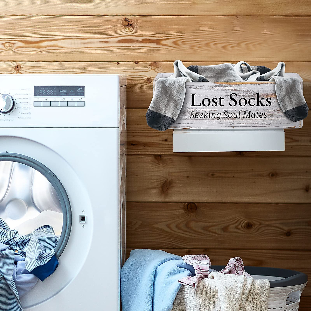 Farmhouse Lost Socks Storage Funny Laundry Sign Wooden Storage Baskets Laundry Room Storage Missing Socks Laundry Decor Farmhouse Sock Basket for Laundry Room Wall Decor (11.02 x 3.54 x 3.54 Inch)