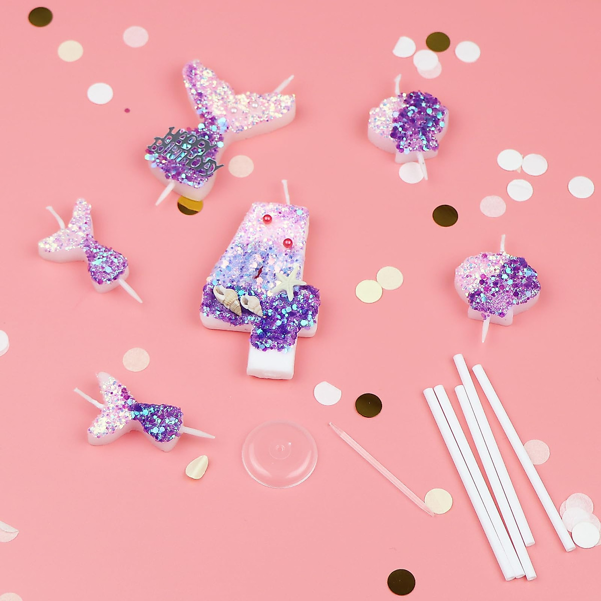 QEEYON 6Pcs Birthday Candles 2.5 inch Mermaid Theme Birthday Cake Candles 1Pcs Number 4 Candle 3Pcs Mermaid Tail Candles 2Pcs Shell Candles for Mermaid Party Birthday Cake Topper Decor