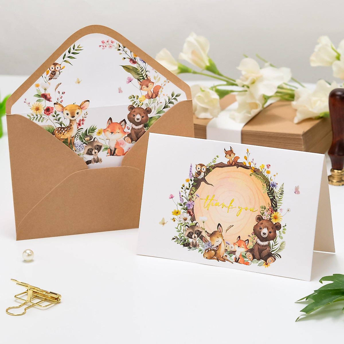 Crisky 50 Pack Woodland Thank You Cards Baby Shower Envelopes and Stickers Gold Foil Woodland Theme for Baby Shower Birthday Party Supplies 4×6 inch