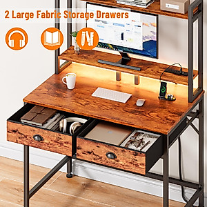 Furologee Small Computer Desk with Drawers, 36 Inch Home Office Desks with Power Outlet and LED Light, Gaming Desk with Monitor Stand, Modern Work/Writing/Study Table for Bedroom, Rustic Brown