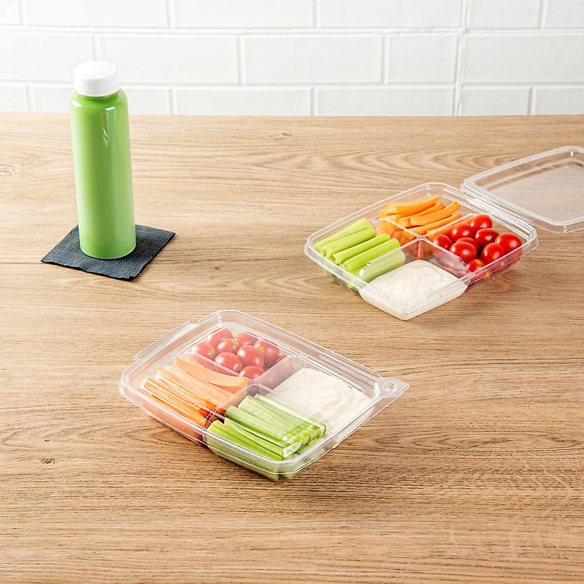 Tamper Tek 13 Ounce Rectangle Take Out Containers, 100 Durable Carryout Containers - Tamper-Evident, Freezable, Clear Plastic To-Go Containers, 4 Compartments, With Hinged Lids - Restaurantware